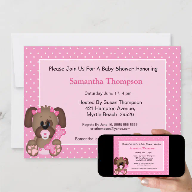 Girls Cute Puppy Dog Baby Shower Invitation | Zazzle