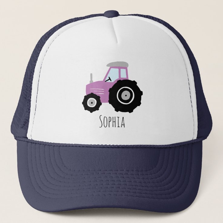 Girls Cute Purple Farm Tractor and Name Kids Trucker Hat | Zazzle