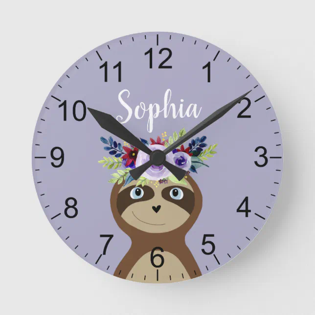 Girls Cute Purple Flower Sloth and Name Kids Round Clock | Zazzle