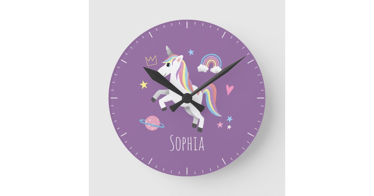Girls Cute Purple Magical Unicorn Kids Nursery Round Clock | Zazzle