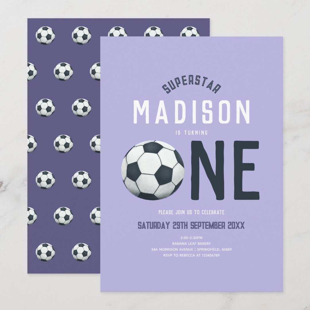 Girls Cute Purple Soccer Sports Kids 1st Birthday Invitation | Zazzle