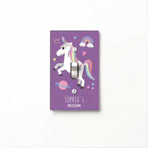 Girls Cute Purple Unicorn and Name Magical Kids Light Switch Cover | Zazzle
