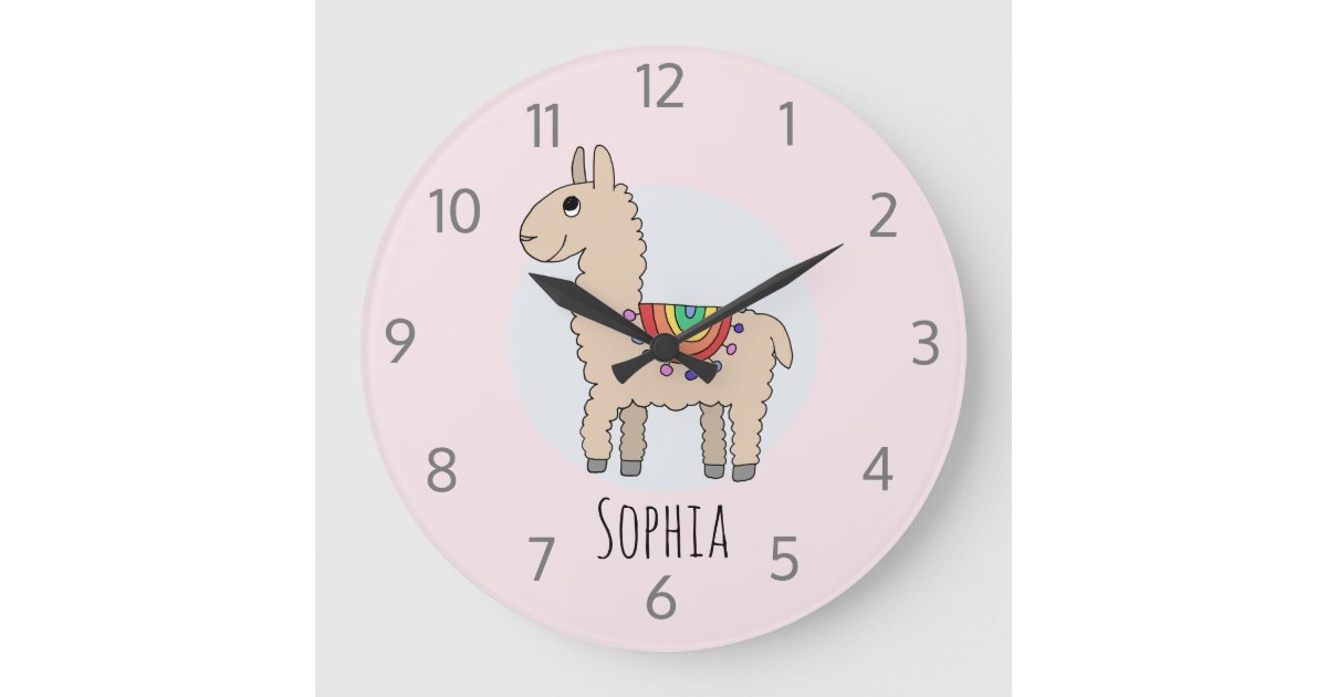 Girls Cute Rainbow Llama Cartoon and Name Kids Large Clock | Zazzle