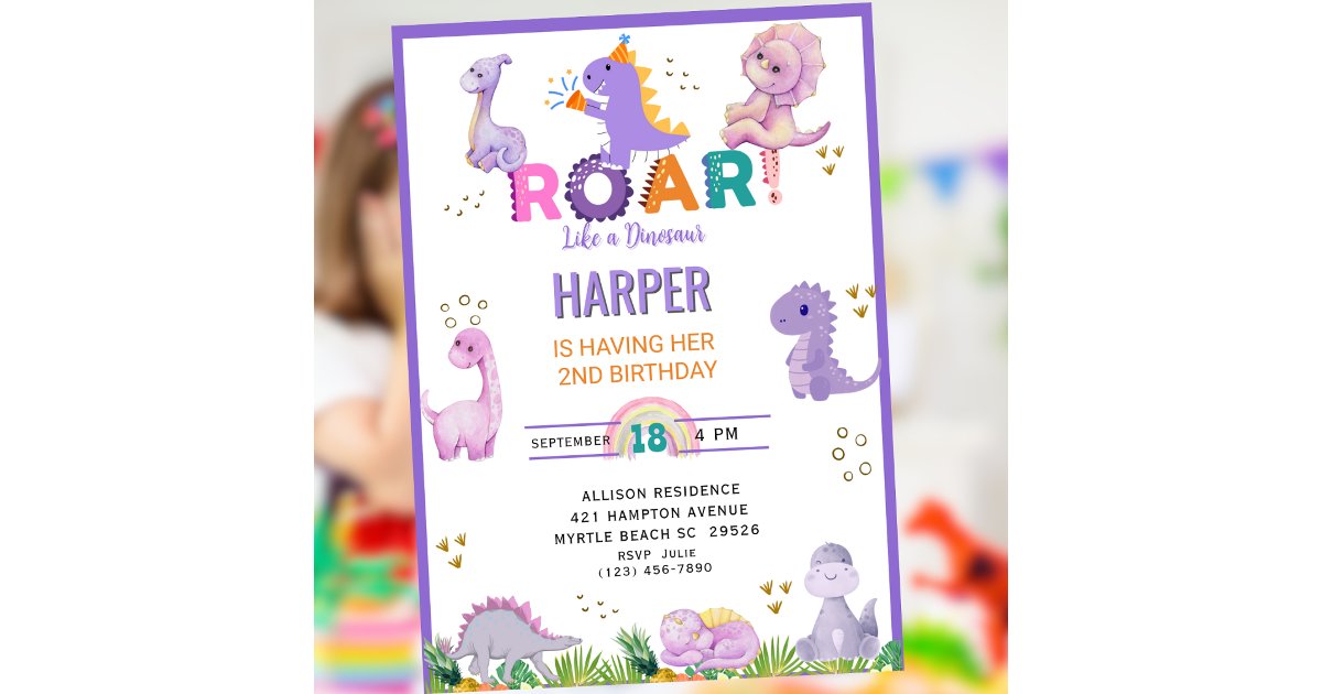 Girls Cute Roar Dinosaur Birthday Party Invitation | Zazzle