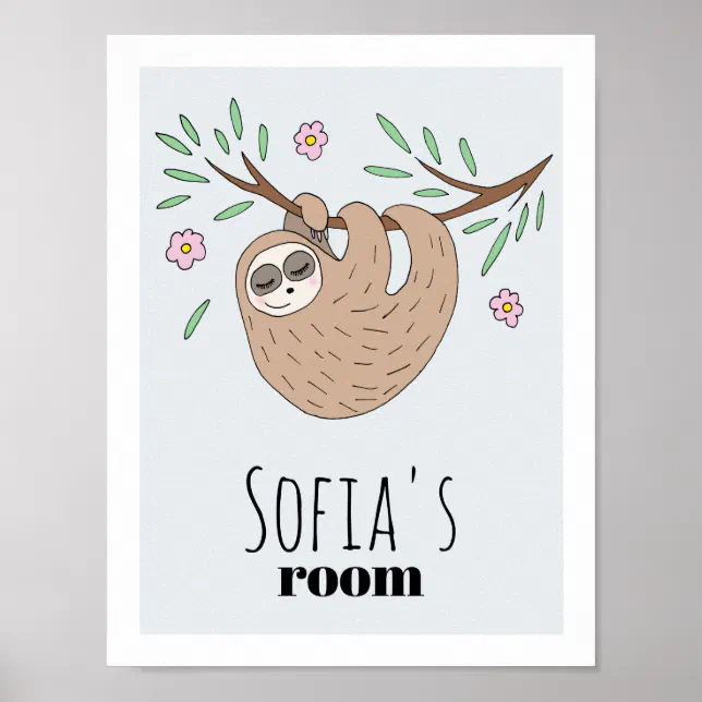 Girls Cute Sleeping Sloth Animal and Name Kids Poster | Zazzle