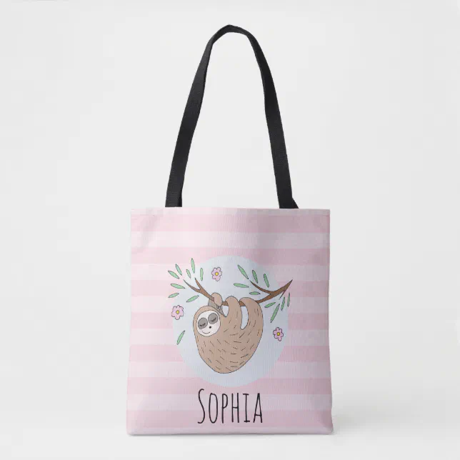 Girls Cute Sleeping Sloth Animal and Name Kids Tote Bag | Zazzle