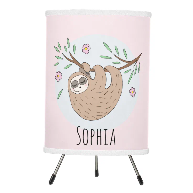 Girls Cute Sleeping Sloth Animal and Name Kids Tripod Lamp | Zazzle