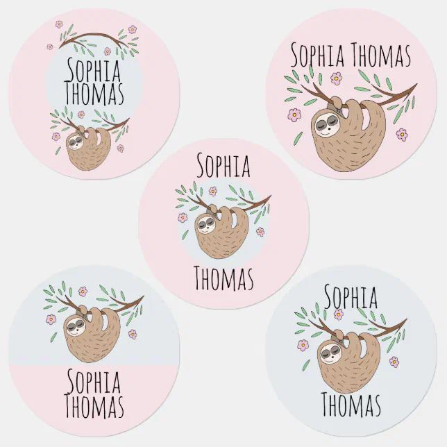 Girls Cute Sleeping Sloth Flowers and Name Kids' Labels | Zazzle