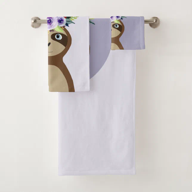 Girls Cute Sloth Watercolor Flowers and Name Bath Towel Set | Zazzle