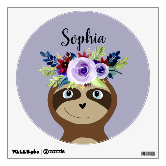 Girls Cute Sloth Watercolor Flowers and Name Kids Wall Decal | Zazzle