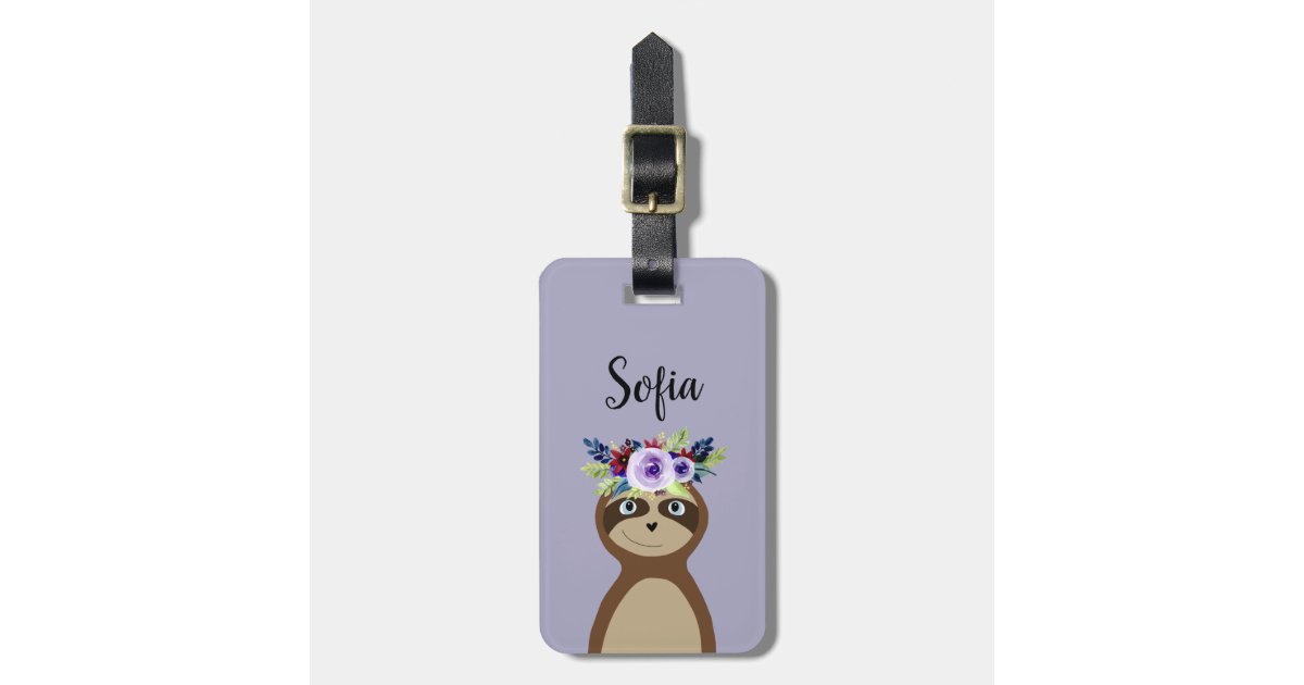 Girls Cute Sloth Watercolor Flowers and Name Luggage Tag | Zazzle