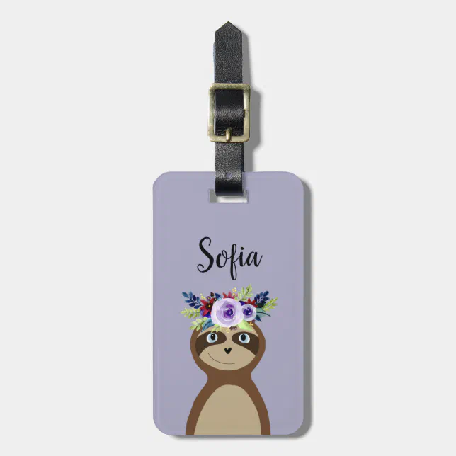 Girls Cute Sloth Watercolor Flowers and Name Luggage Tag | Zazzle