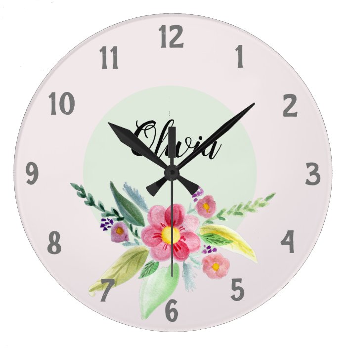Girls Cute Spring Botanical Flowers and Name Kids Large Clock | Zazzle.com