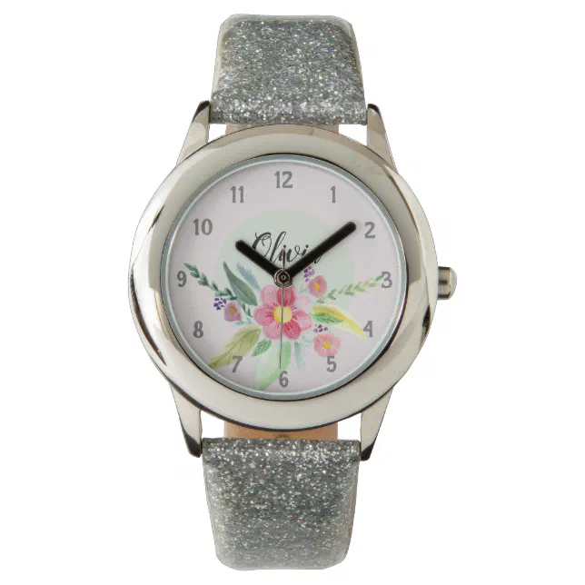 Girls Cute Spring Botanical Flowers and Name Kids Watch | Zazzle