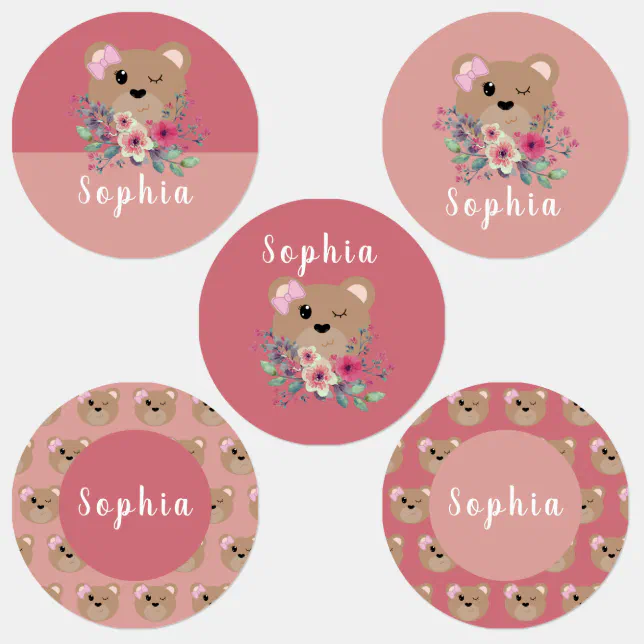 Girls Cute Teddy Bear Pink Name Kids' School Labels | Zazzle