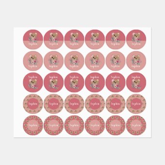 Girls Cute Teddy Bear Pink Name Kids' School Labels | Zazzle
