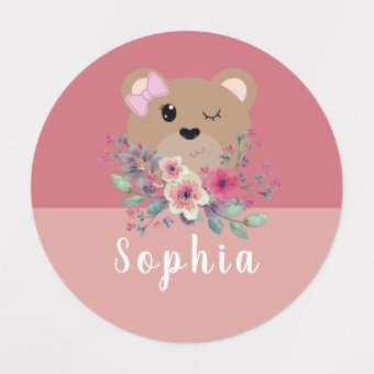 Girls Cute Teddy Bear Pink Name Kids' School Labels | Zazzle