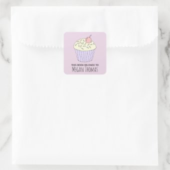 Girl's Cute This Book Belongs Cupcake Muffin Name Square Sticker | Zazzle