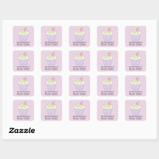 Girl's Cute This Book Belongs Cupcake Muffin Name Square Sticker | Zazzle