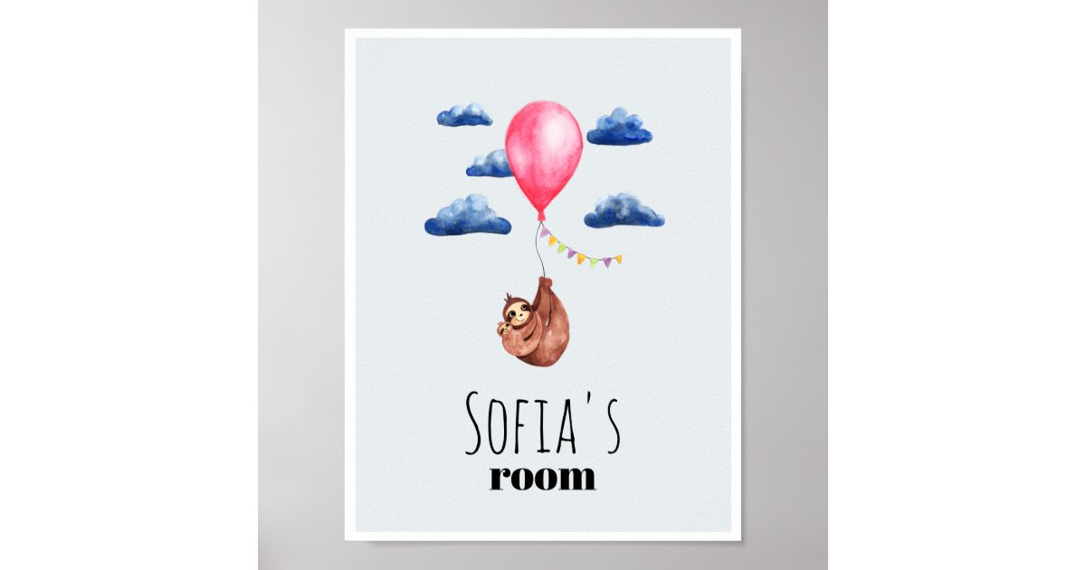 Girls Cute Watercolor Sloth Animal and Name Kids Poster | Zazzle