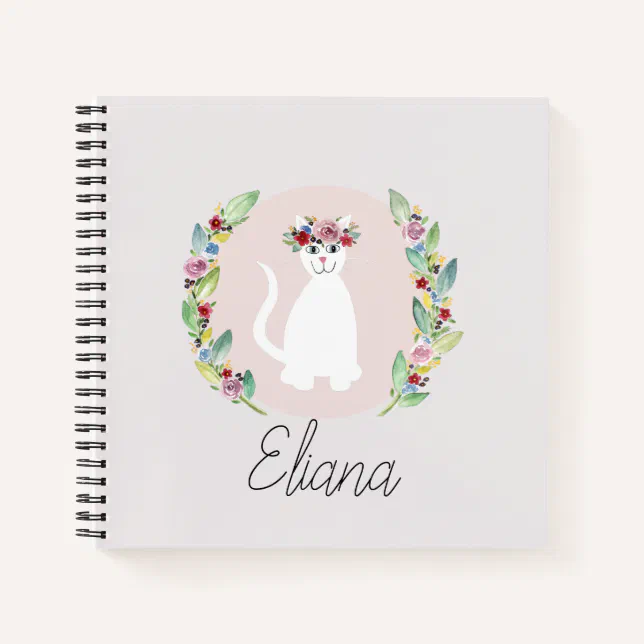 Girls Cute White Cat with Flowers and Name Notebook | Zazzle