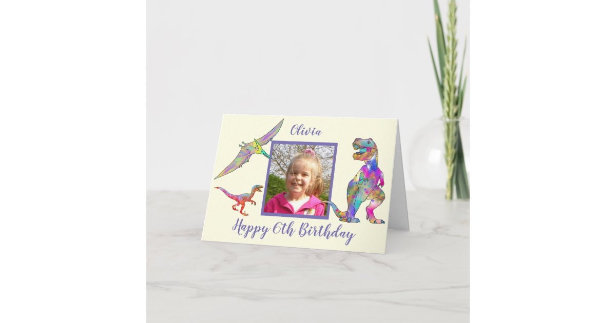 Girls Dinosaur 6th Birthday Add Name & Photo Card | Zazzle