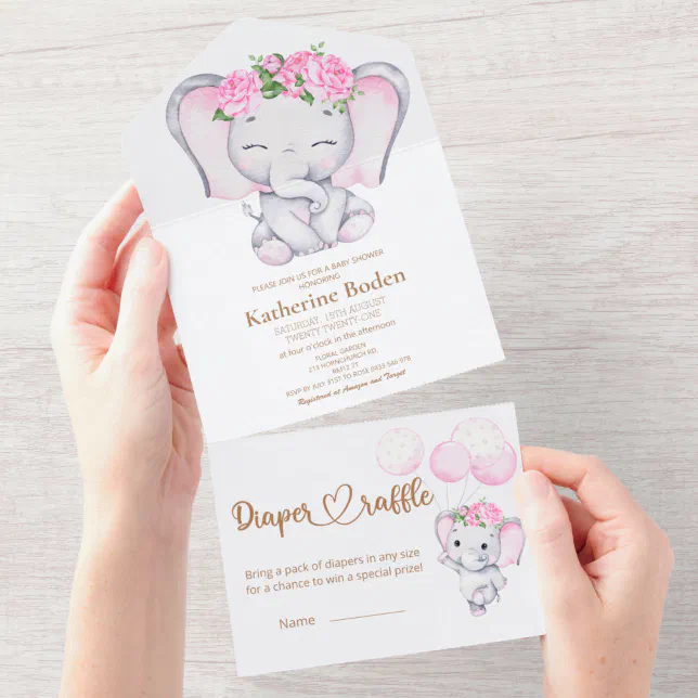 Girl's Elephant & Flower All In One Invitation | Zazzle