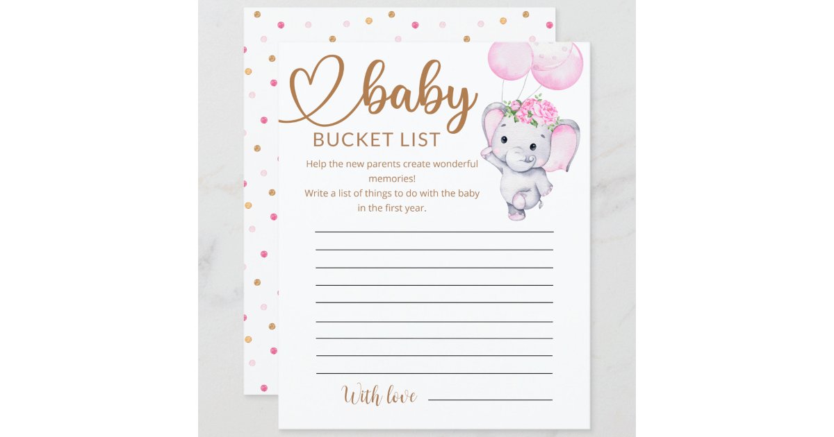 Girl's Elephant & Flower Baby Shower Bucket List | Zazzle