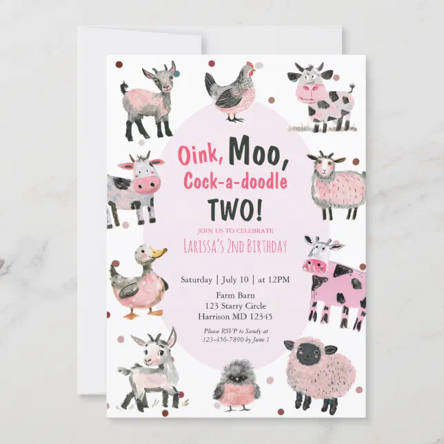 Girls Farm Animal Second Birthday Invitation | Zazzle