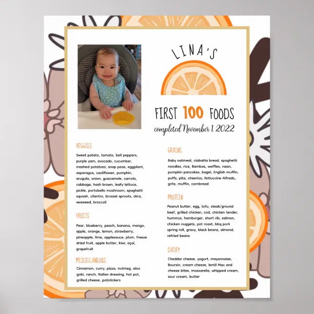 Girls First 100 Foods Baby Weaning Poster | Zazzle