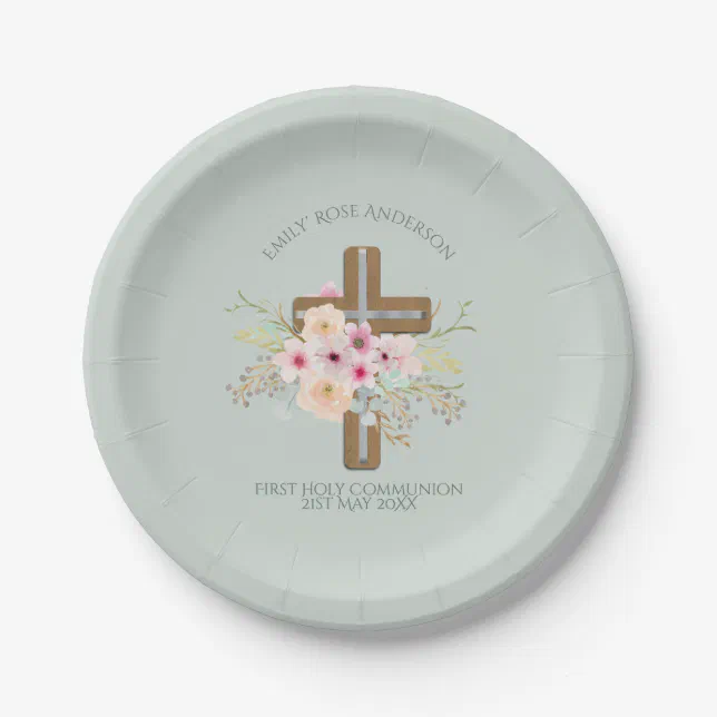 Girls First Holy Communion Floral Cross Customized Paper Plates | Zazzle