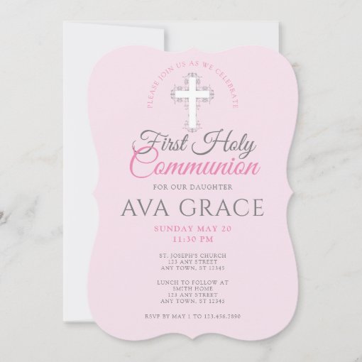 Girls First Holy Communion Pink Cross Invitation | Zazzle