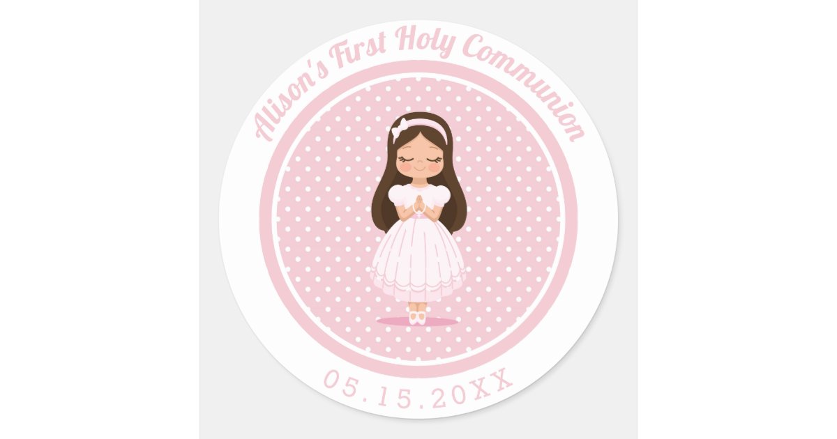 Girls First Holy Communion Pink Polka Dots Classic Round Sticker | Zazzle