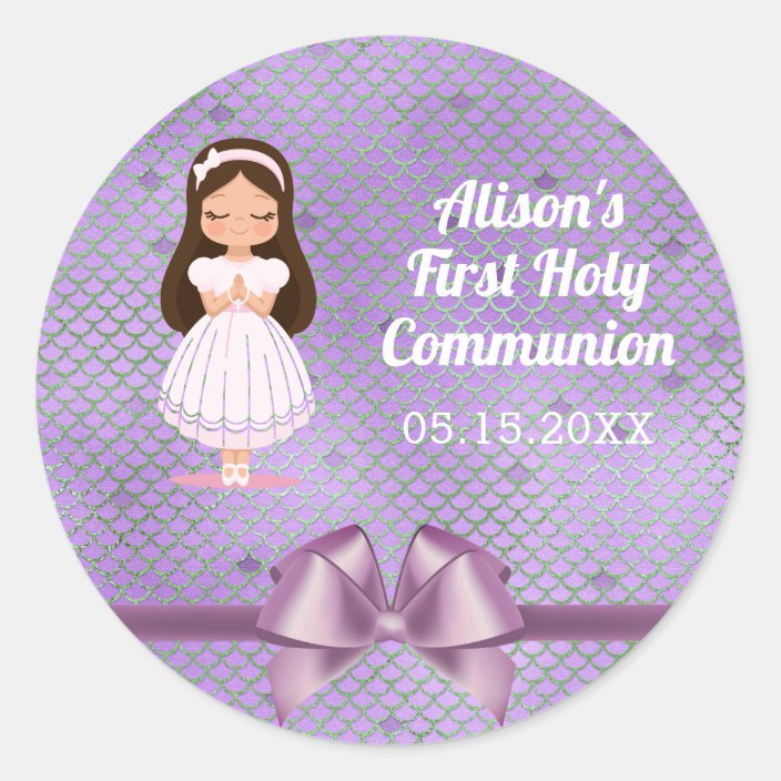 Girls First Holy Communion Purple Bow Classic Round Sticker | Zazzle.com