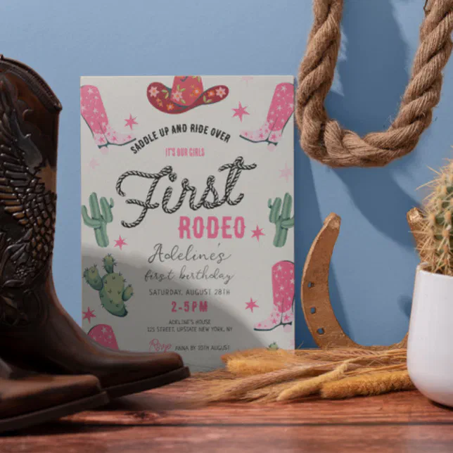 Girl's First Rodeo Birthday Cowgirl Cute Pink Invitation | Zazzle