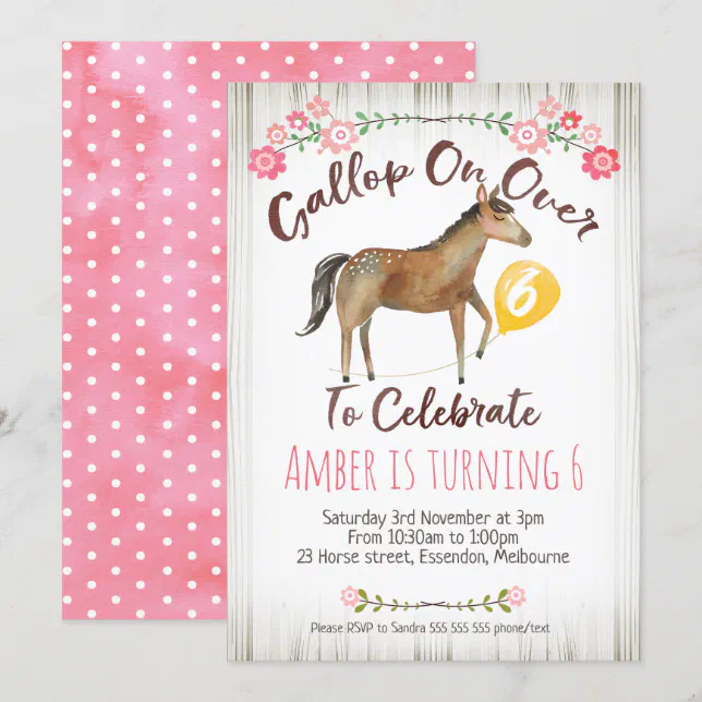 Girls Floral Horse Birthday Party Invitation | Zazzle
