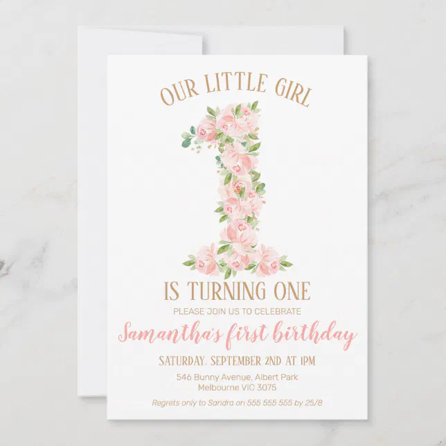 Girls Floral Number 1st Birthday Invitation | Zazzle