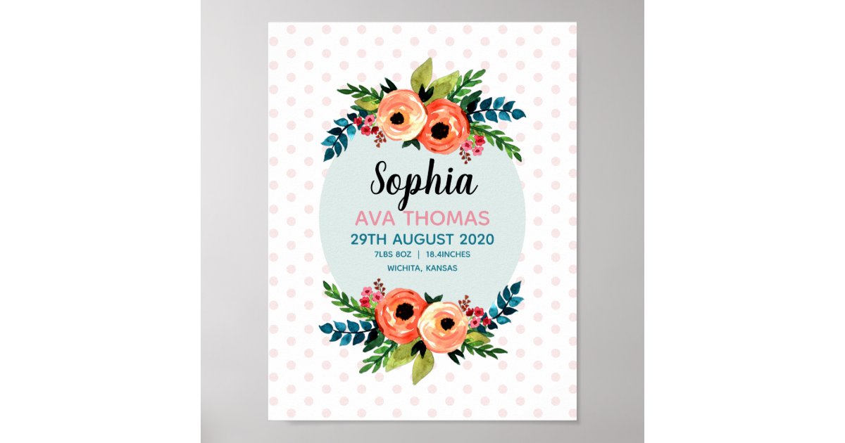 Girls Flowers Cute Floral Birth Stats Baby Nursery Poster | Zazzle