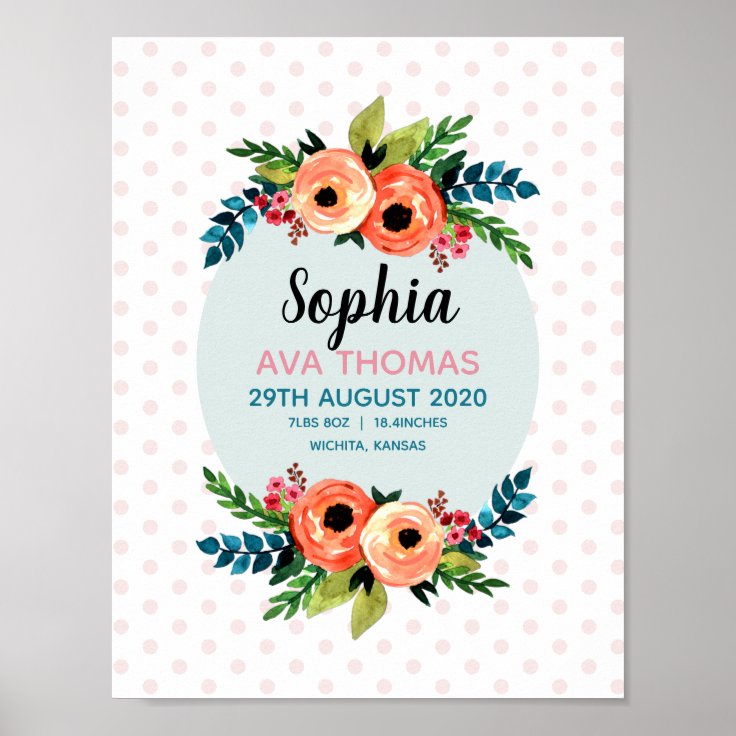 Girls Flowers Cute Floral Birth Stats Baby Nursery Poster | Zazzle