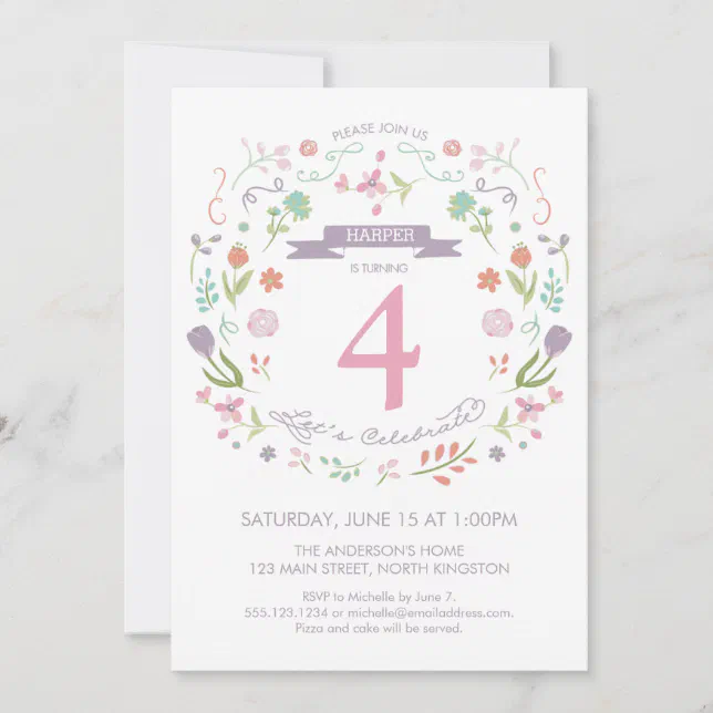 Girl's Fourth, 4th, Birthday Invitation | Zazzle