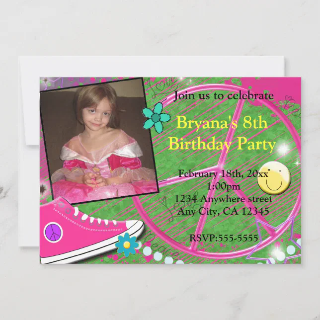 Girls Funky Doodle Photo Birthday Party Invitation | Zazzle