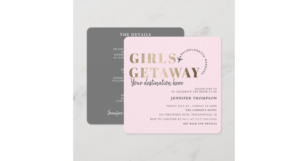 Girls Getaway Blush & Gold Bachelorette Weekend Invitation | Zazzle
