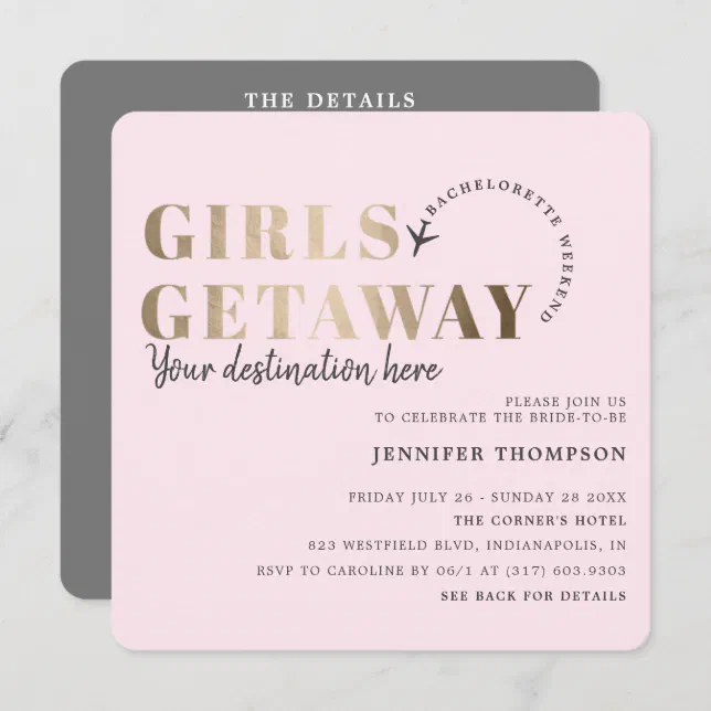 Girls Getaway Blush & Gold Bachelorette Weekend Invitation | Zazzle