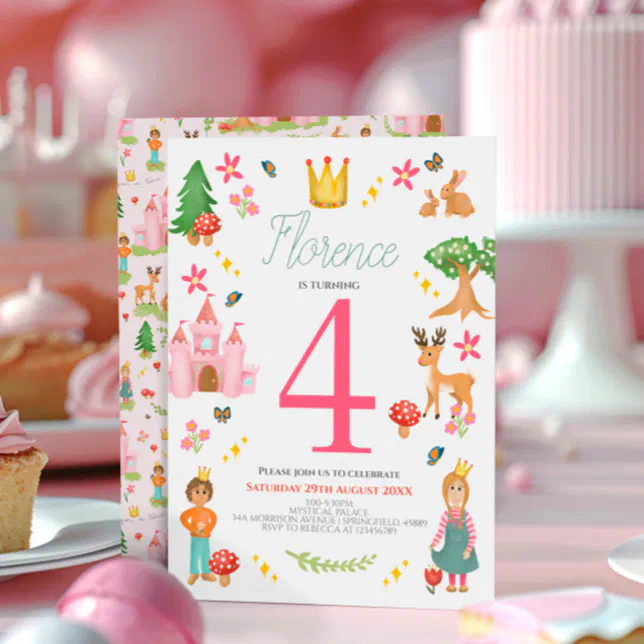 Girls Girly Pink Fairytale Princess Kids Birthday Invitation | Zazzle