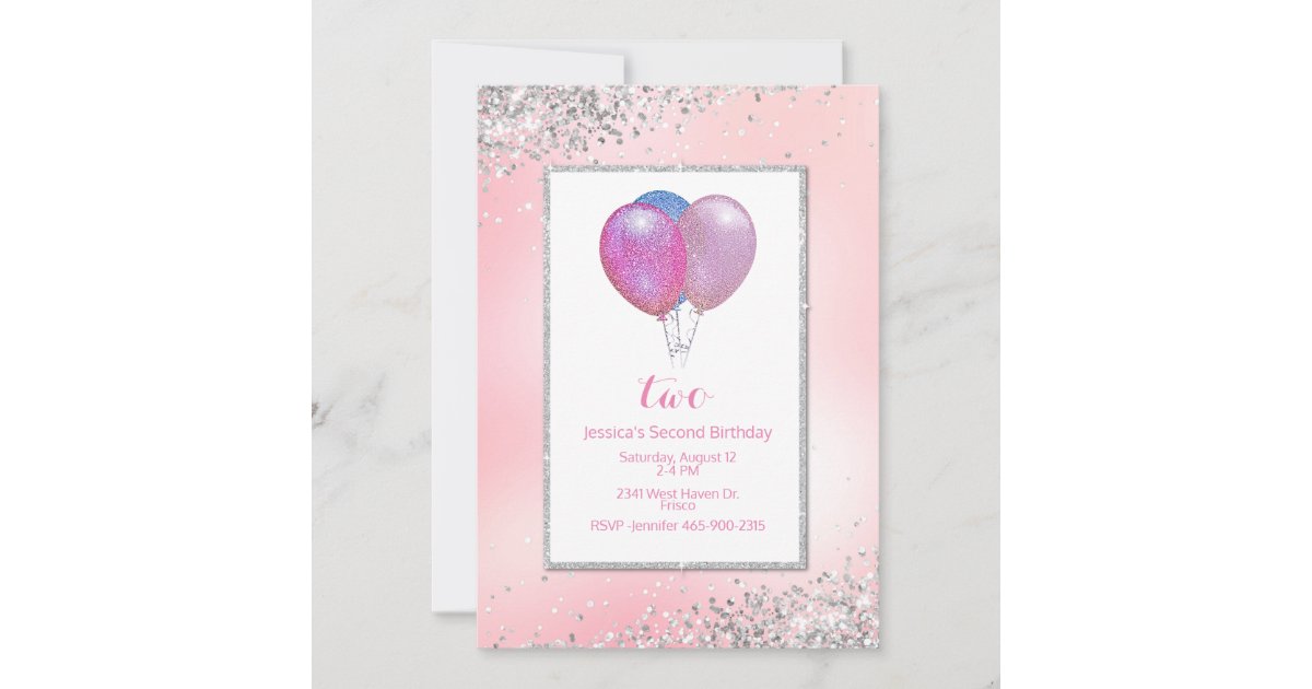 Girls Glittery Balloons Birthday Invitation | Zazzle
