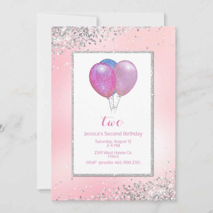 Girls Glittery Balloons Birthday Invitation | Zazzle