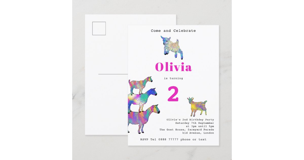 Girls Goats Birthday Party pink Invitation Postcard | Zazzle