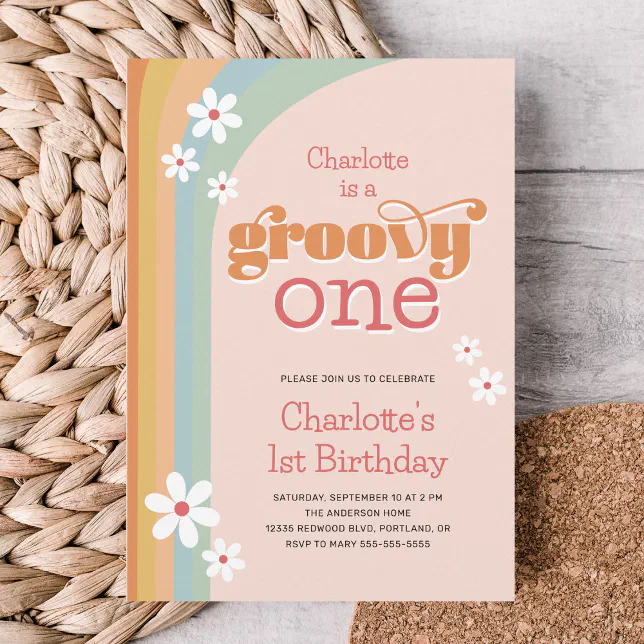 Girl's Groovy One Retro Daisies 1st Birthday Invitation | Zazzle