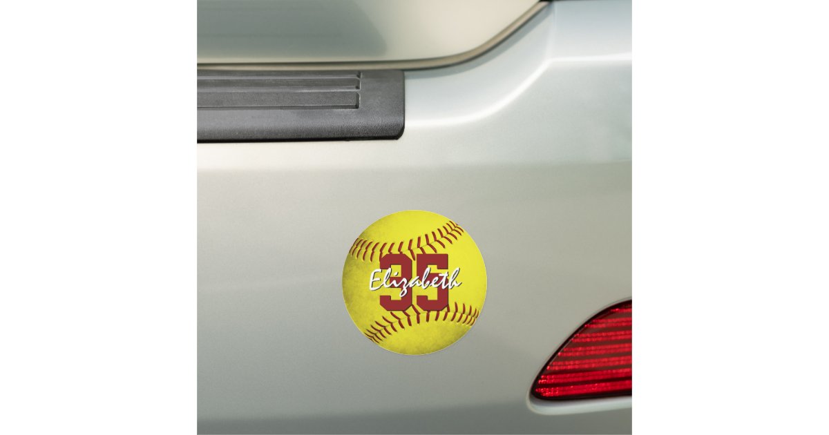 girls grungy yellow softball school locker or car magnet | Zazzle