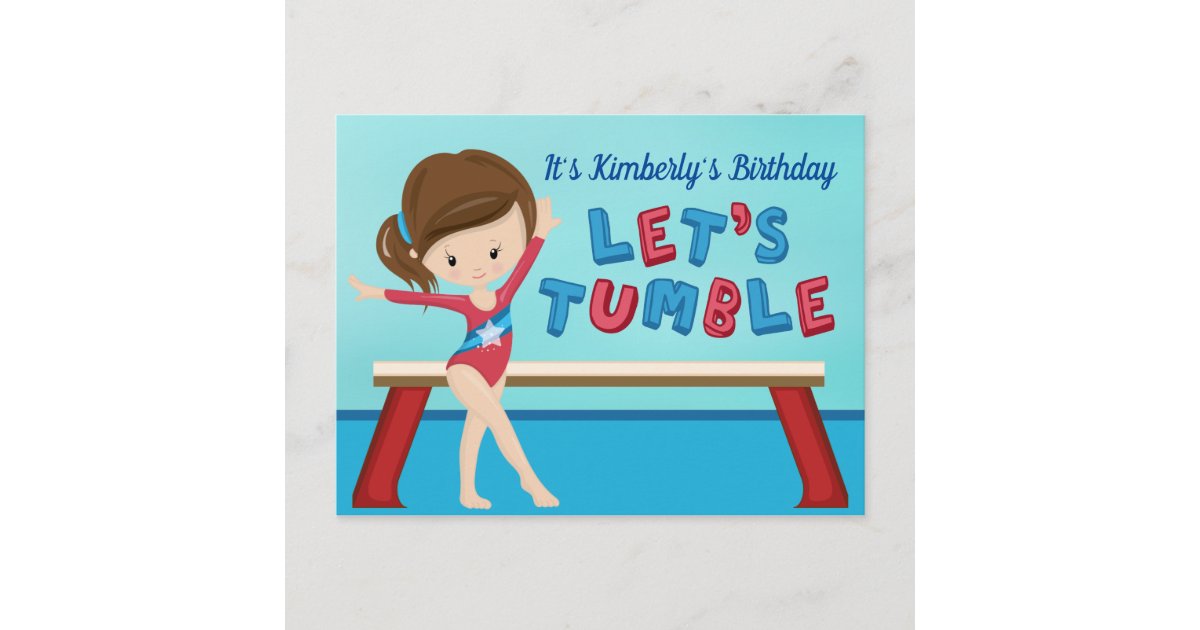 Girls Gymnastics Birthday Party Let's Tumble Postcard | Zazzle